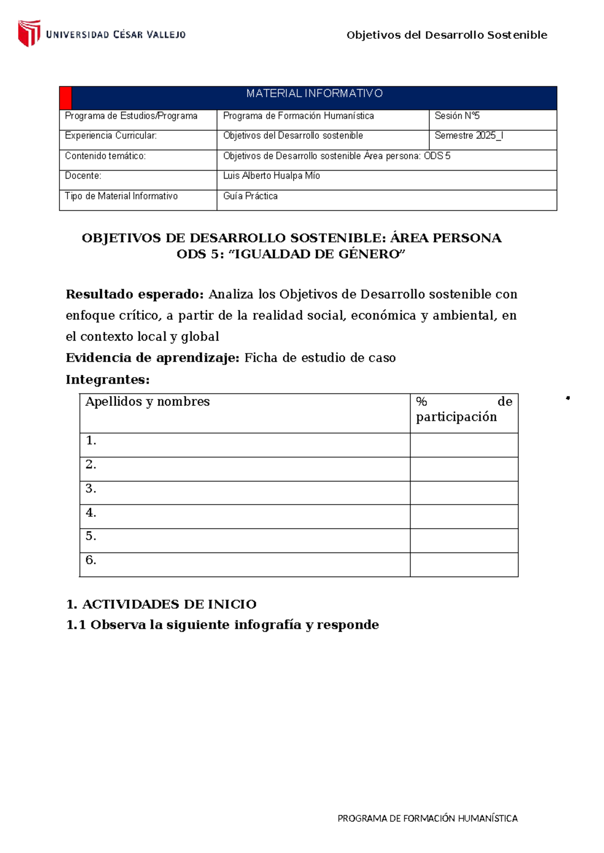 Guía Práctica N° 05-2025: Objetivos de Desarrollo Sostenible ODS 5 ...