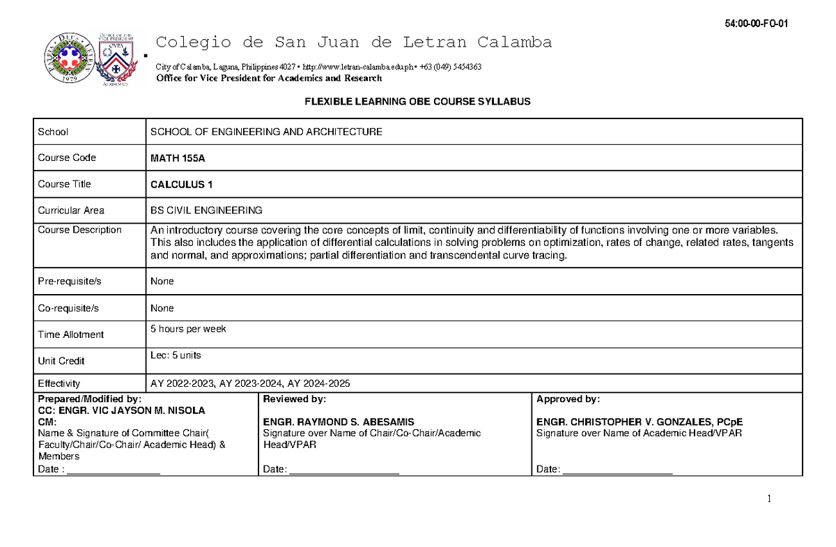 Calculus 1 Syllabus - MATH 155A - Flexible Learning OBE - Studocu