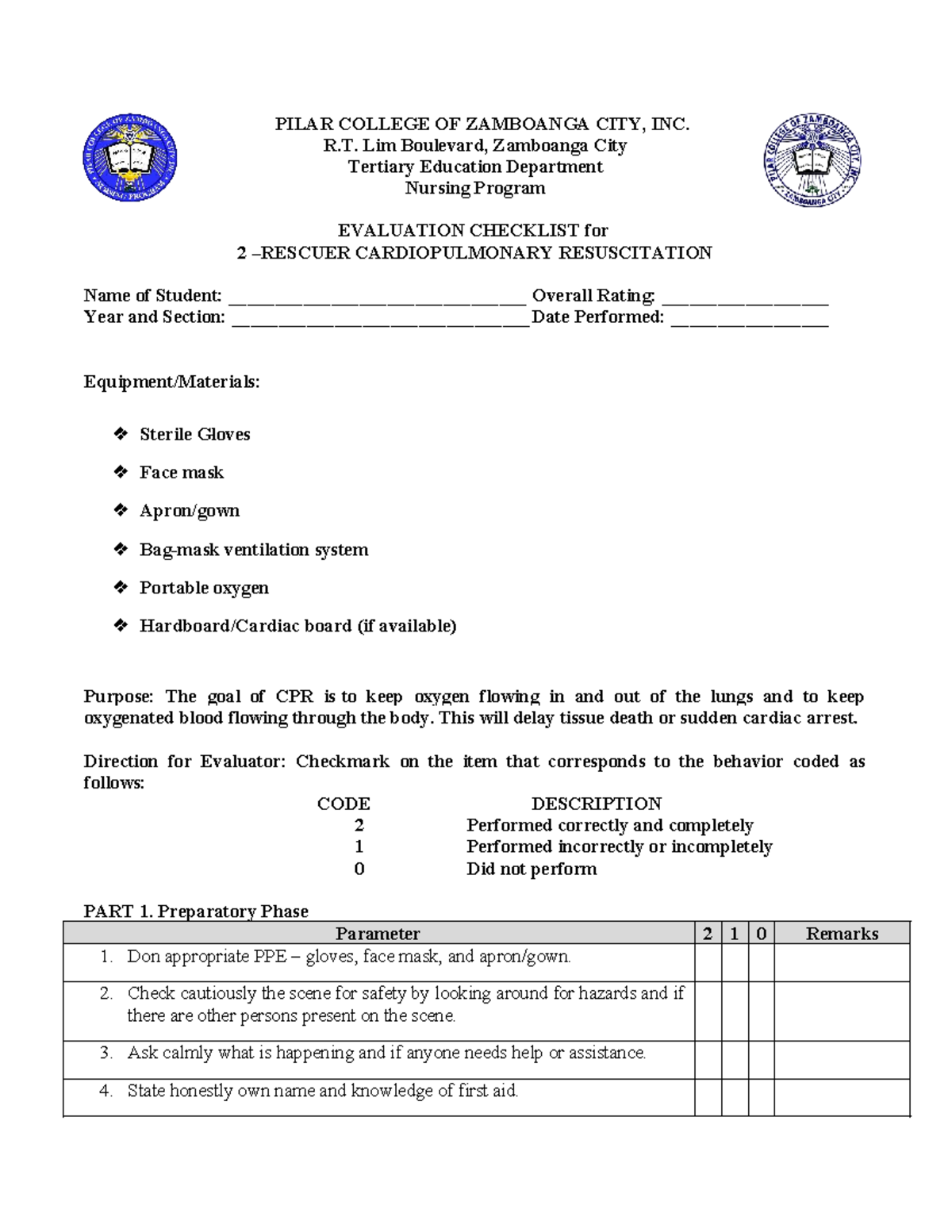 NURS 101: Evaluation Checklist for CPR Emergency Procedure - Studocu