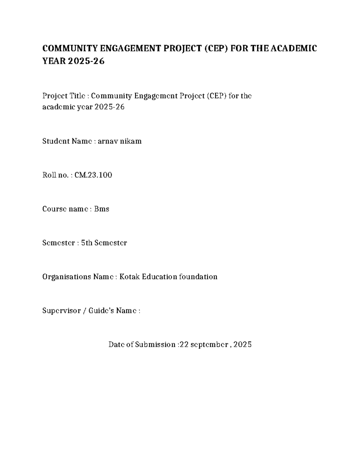Community Engagement Project (CEP) Report - BMS 5th Sem - Studocu