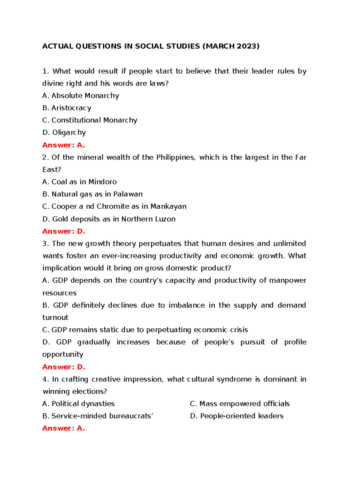 Actual Questions for Social Studies 2 (March 2023) Exam Prep - Studocu