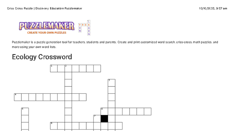 Ecology Crossword Puzzle for Puzzlemaker Activities - Studocu