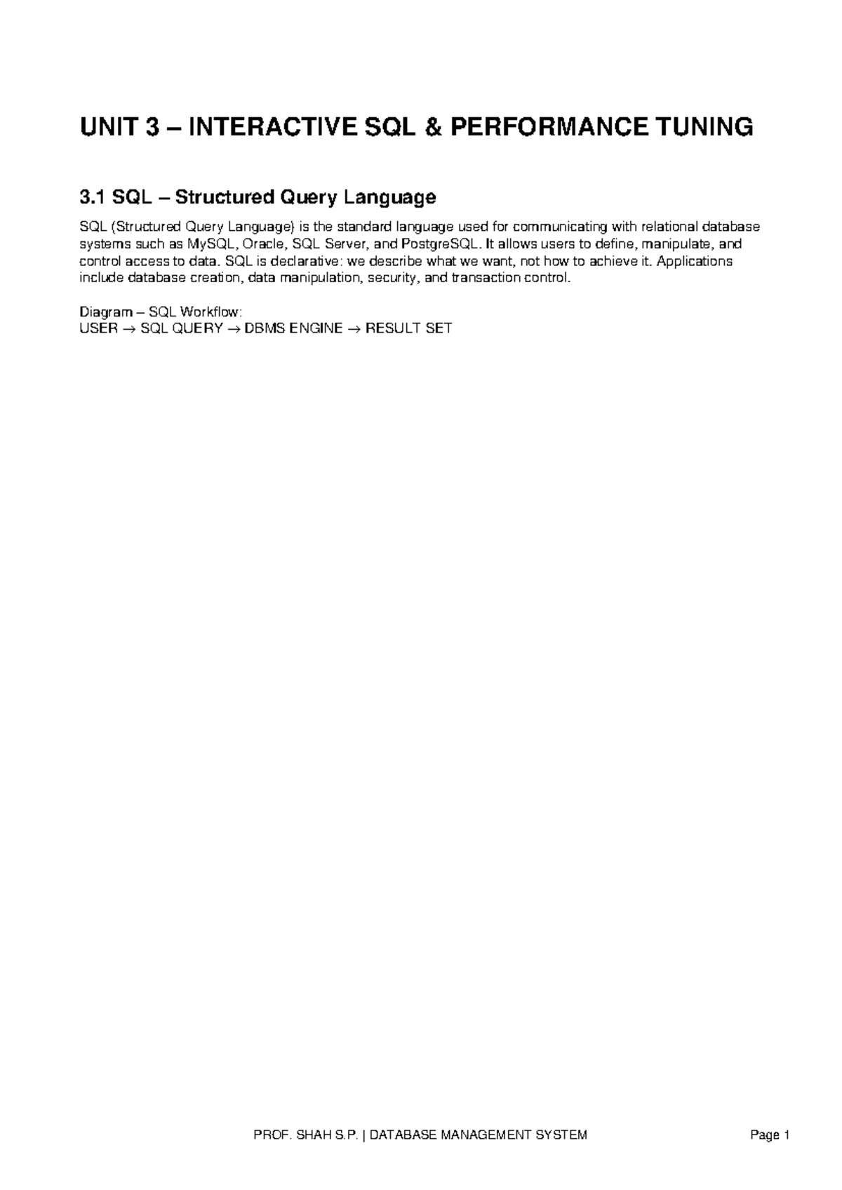 Unit III DBMS Notes: SQL Performance Tuning & Clauses - Studocu