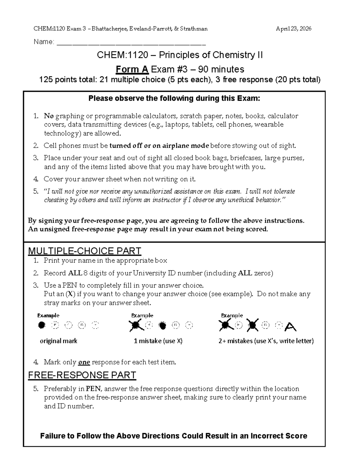 CHEM:1120 Spring 2026 Exam 3 Blank Copy Form A - Studocu