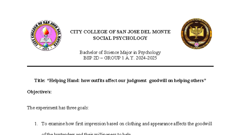 BSP 2D Group 1: Social Experiment on Clothing and Goodwill Judgments - Studocu