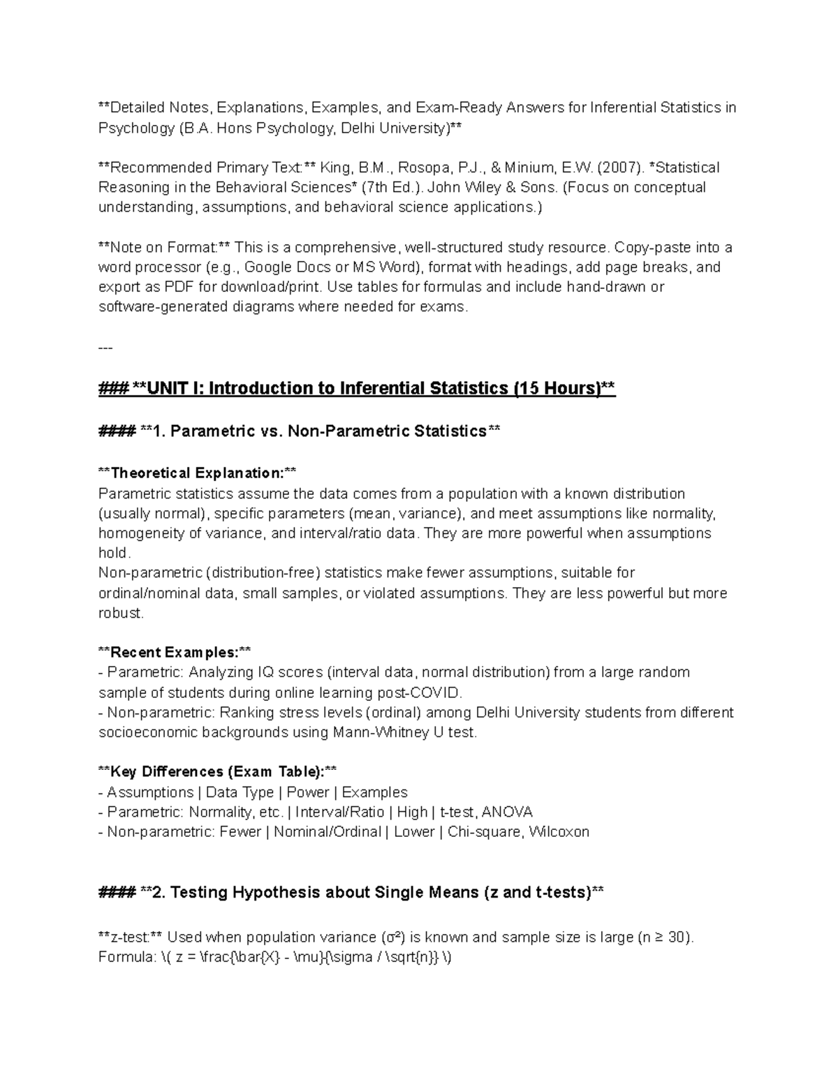 B.A. Hons Psychology: Comprehensive Notes on Inferential Statistics ...