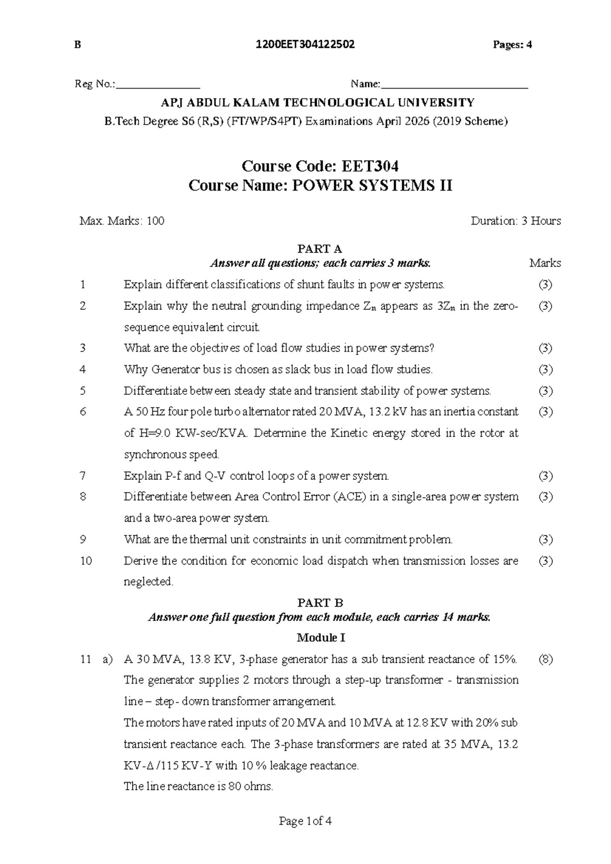 EET304 Power Systems II - April 2026 Exam Question Paper - Studocu