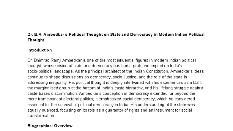 Dr. B.R. Ambedkar's Political Thought on State & Democracy MIPT - Studocu