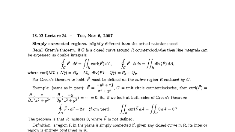 18.02 Lecture 24: Simply Connected Regions & Line Integrals Review ...