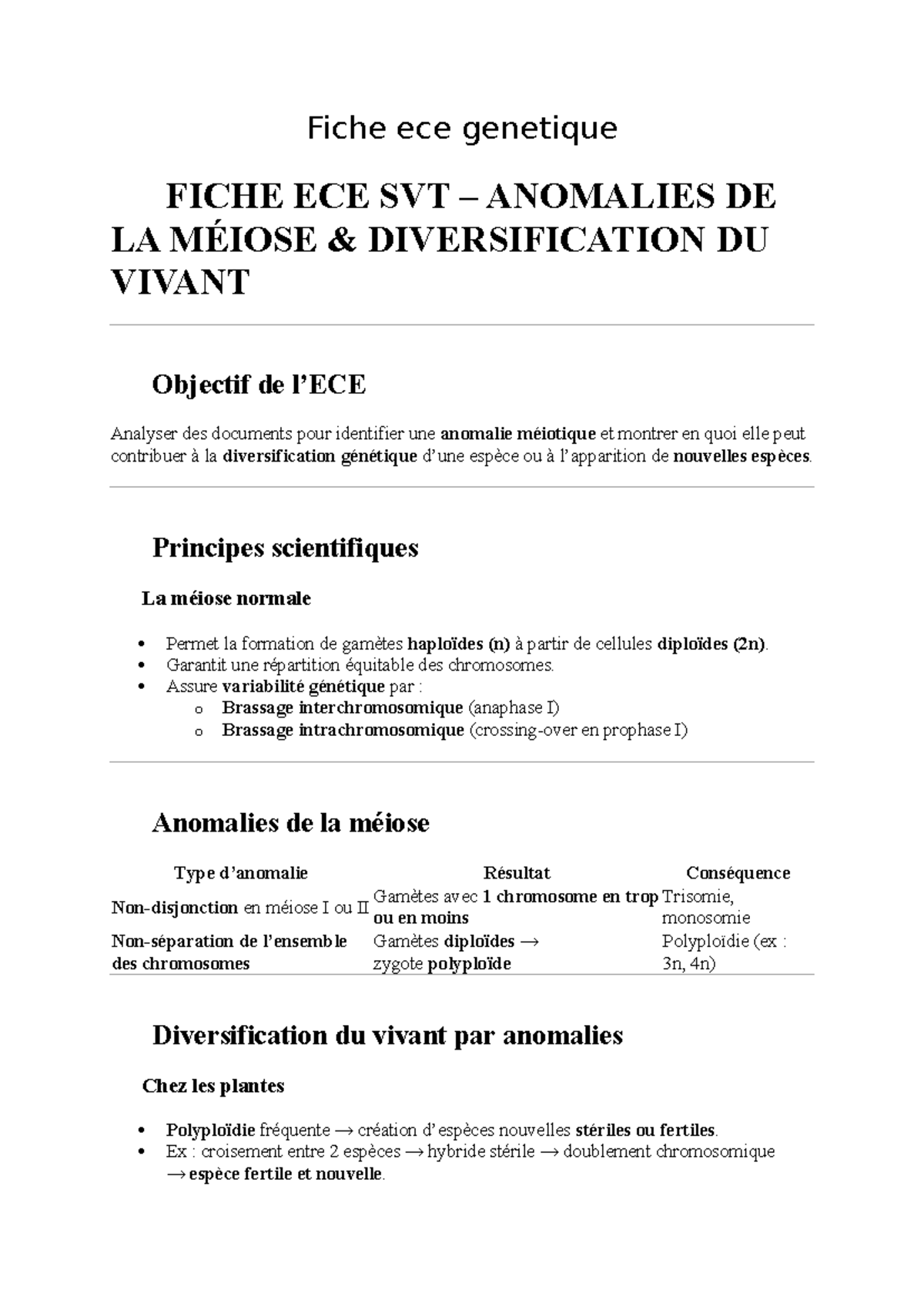 FICHE ECE SVT ANOMALIES DE LA MÉIOSE ET DIVERSIFICATION GÉNÉTIQUE - Studocu