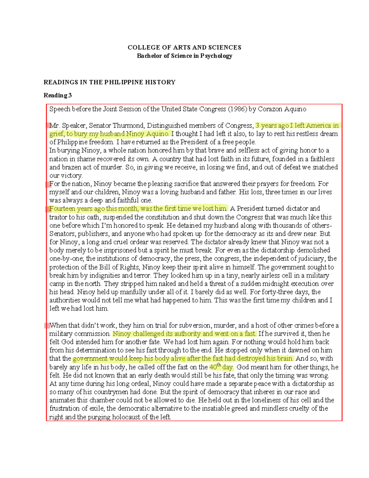 Midterms-PSY 101: Corazon Aquino's Speech to US Congress (1986) - Studocu