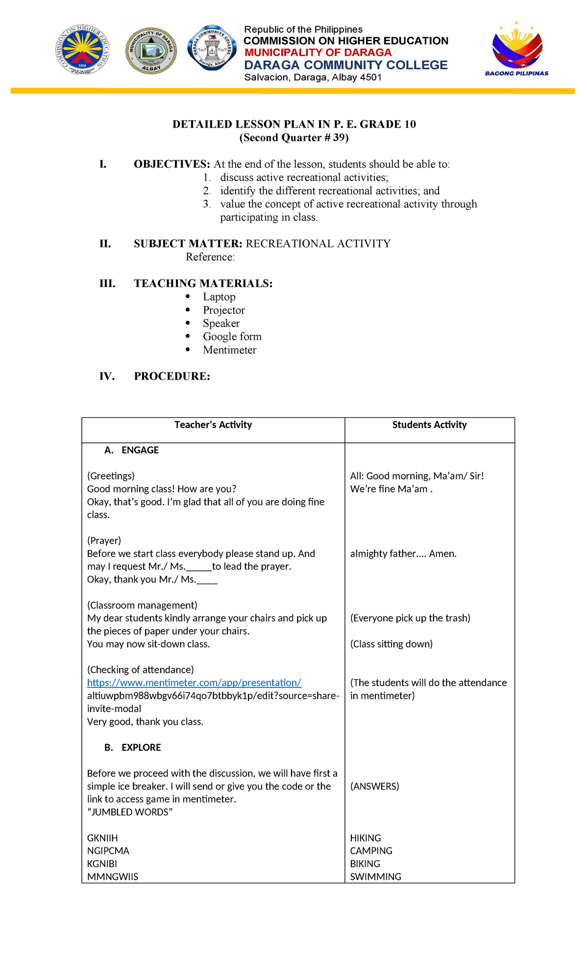 Detailed Lesson Plan in P.E. Grade 10: Recreational Activities (BPED-B ...