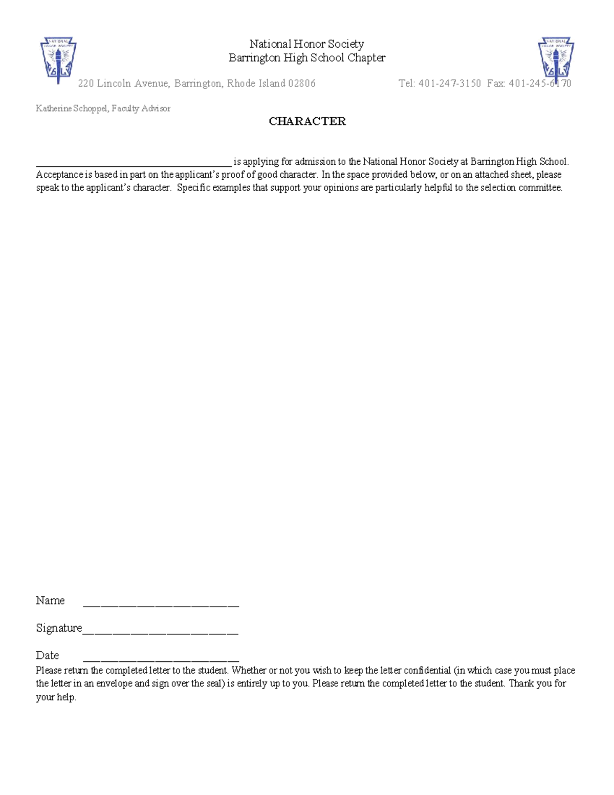 NHS Admission Recommendation Letters - Barrington High School - Studocu