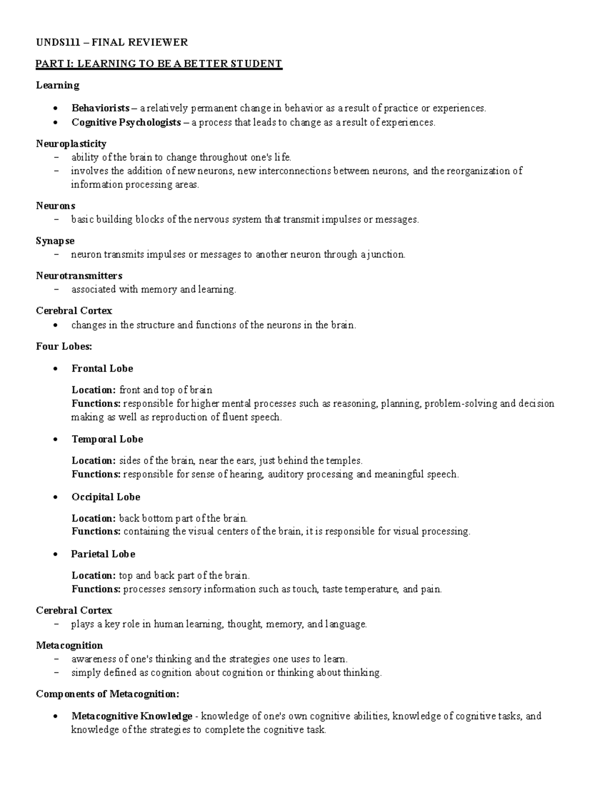UNDS111 - Final Reviewer: Strategies for Effective Learning and Goal ...