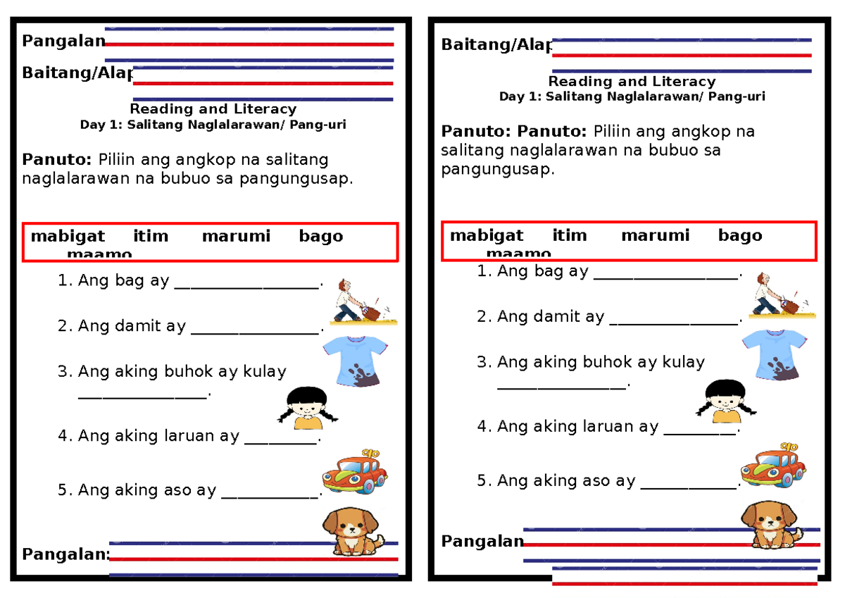 G1 Q1 W4 R&L WS - Lesson Script - Pangalan: Baitang/Alap: Reading and Literacy Day 1: Salitang ...