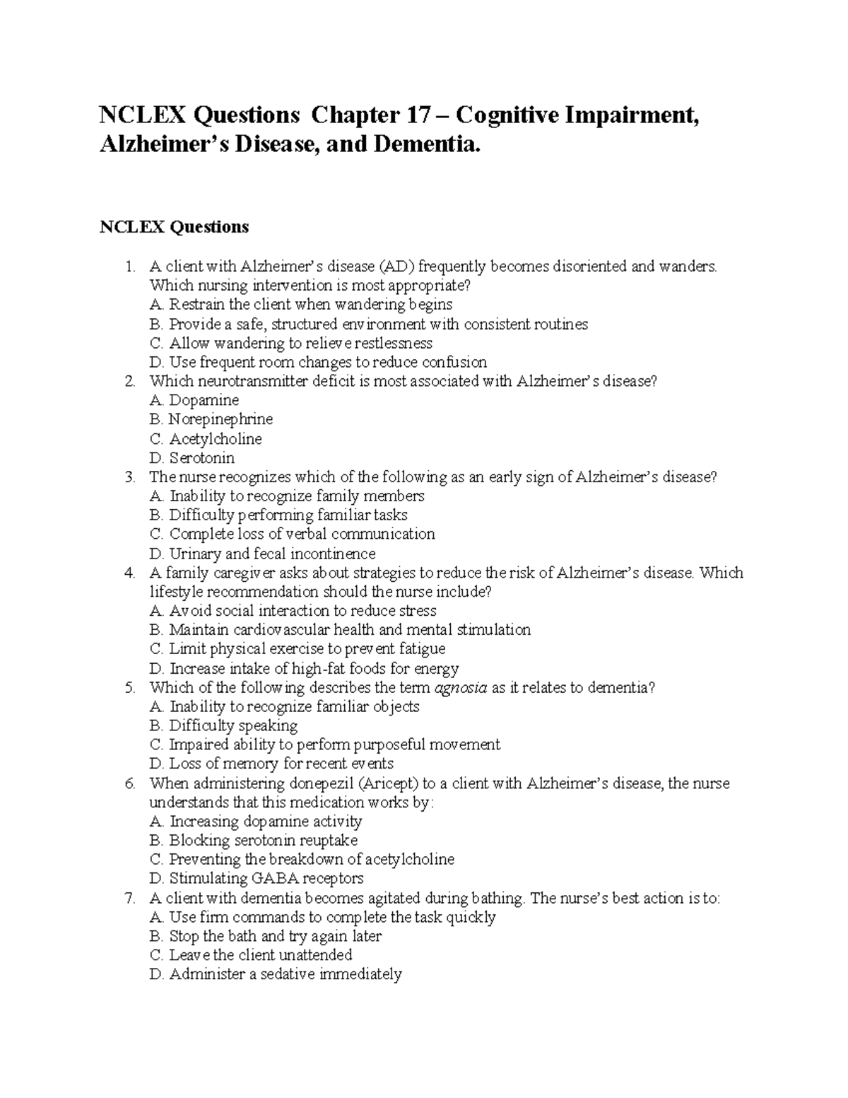 NU 160 NCLEX Questions: Chapter 17 on Cognitive Impairment & Alzheimer ...