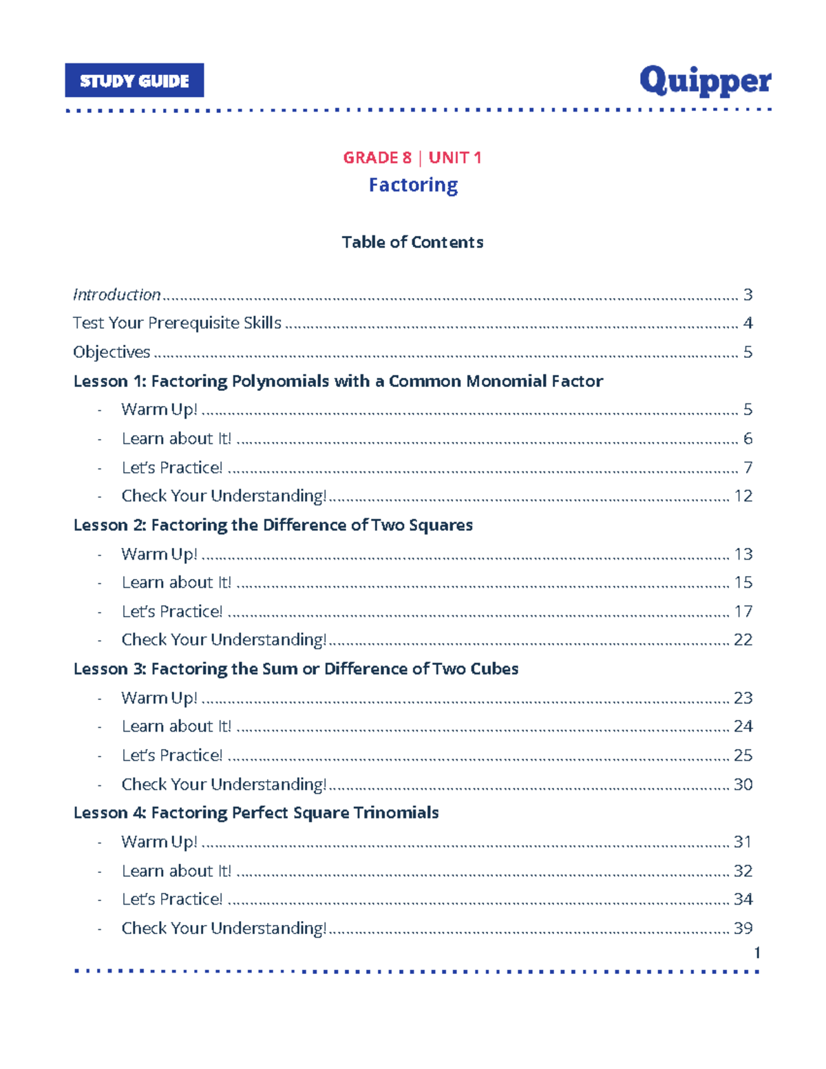 GRADE 8 MATH STUDY GUIDE: Factoring Polynomials Unit 1 - Studocu
