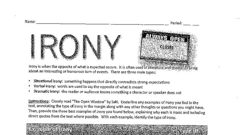 Irony Analysis: Examples from "Open Saki" - ENG 101 - Studocu