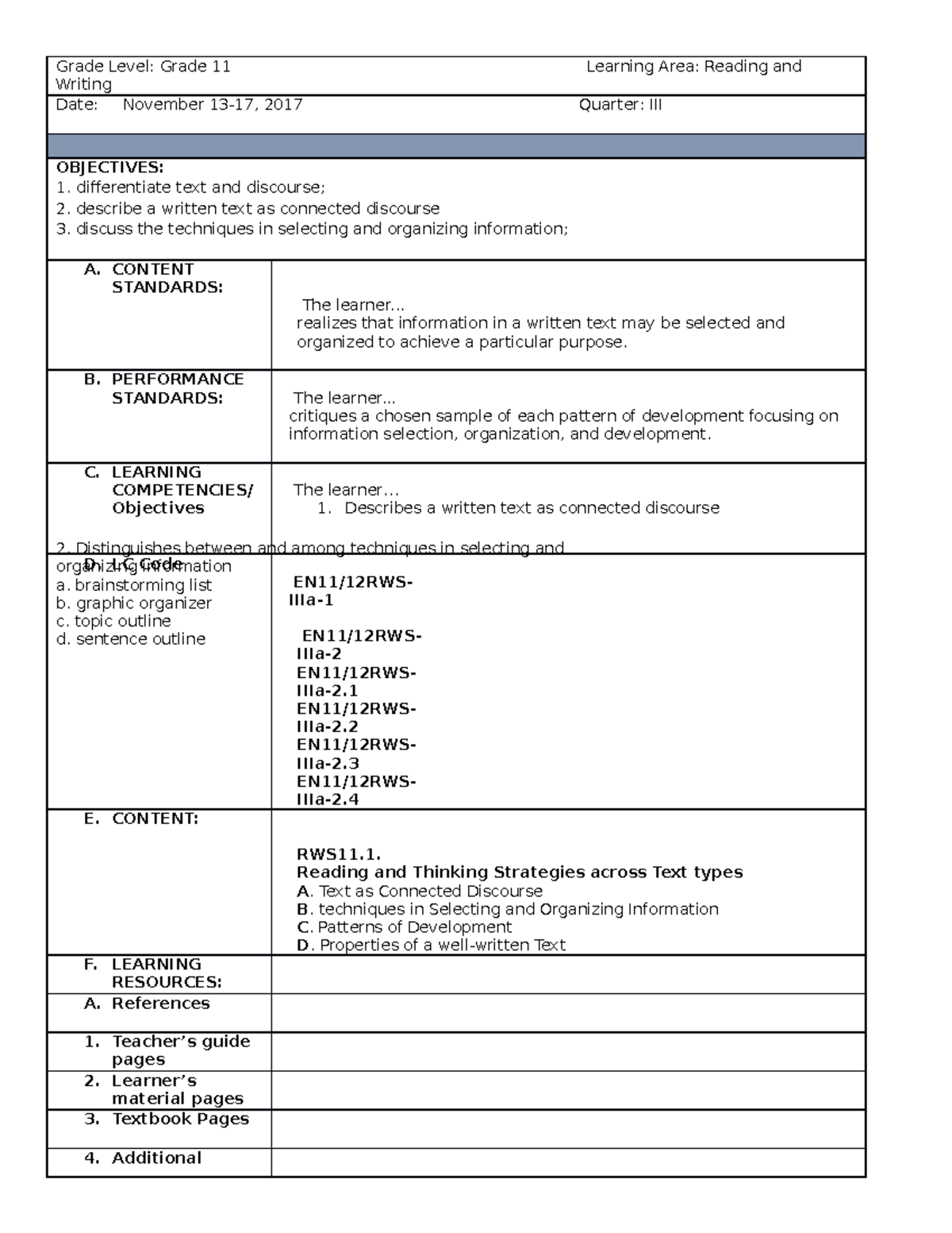 Lesson Plan for Grade 11 RWS: Nov 13-17, 2017 - Studocu