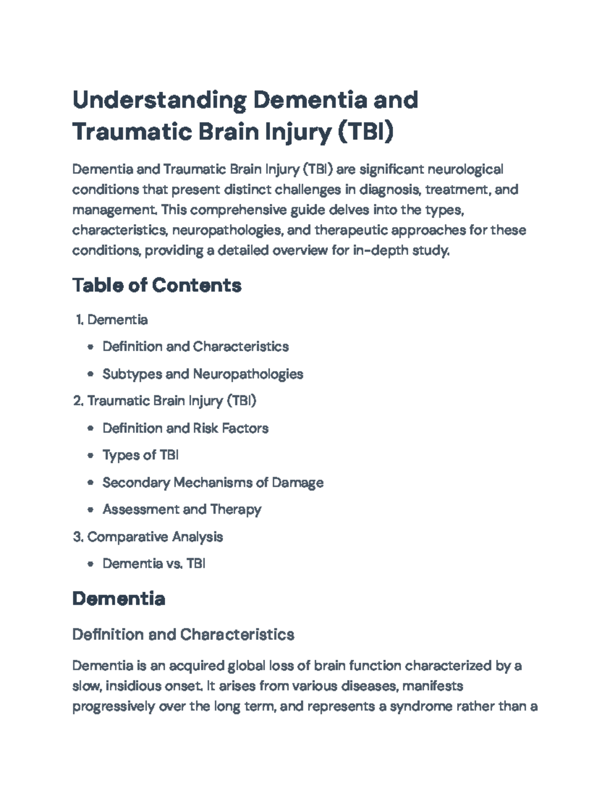 Dementia and TBI: Comprehensive Diagnosis and Management Guide - Studocu