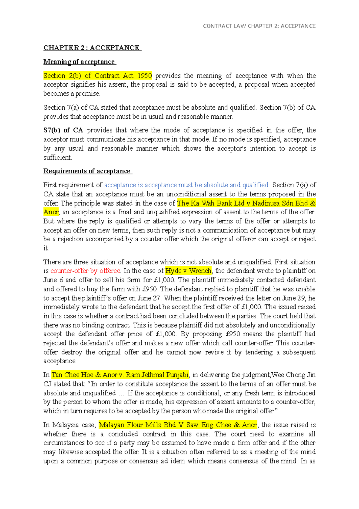 Contract LAW CH2: Understanding Acceptance in Contracts - Studocu