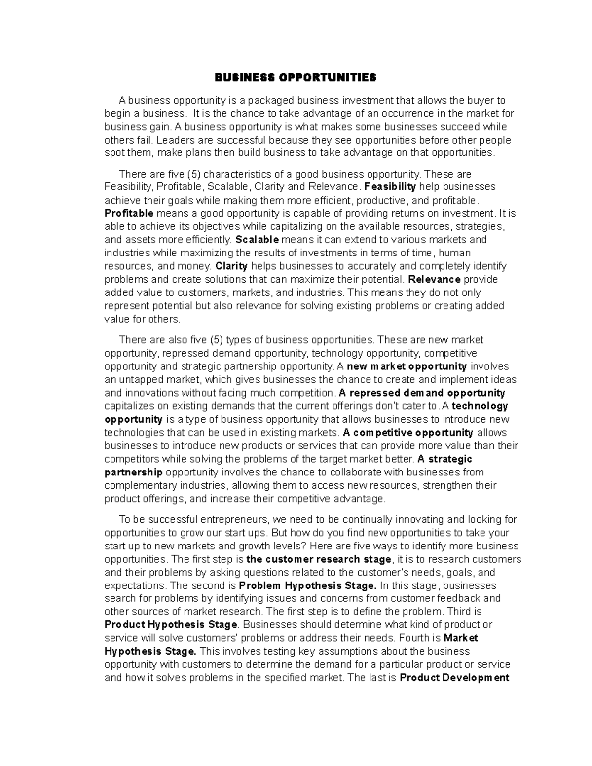 Business opportunities summary report - BUSINESS OPPORTUNITIES A ...