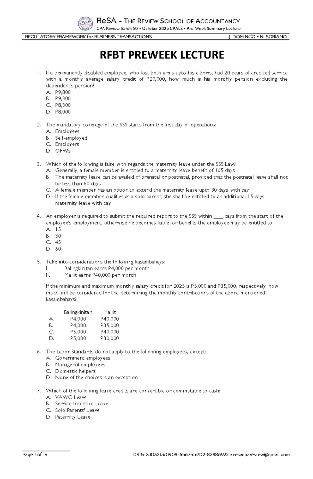 RFBT Preweek Summary Lecture for CPA Batch 50 - October 2025 - Studocu