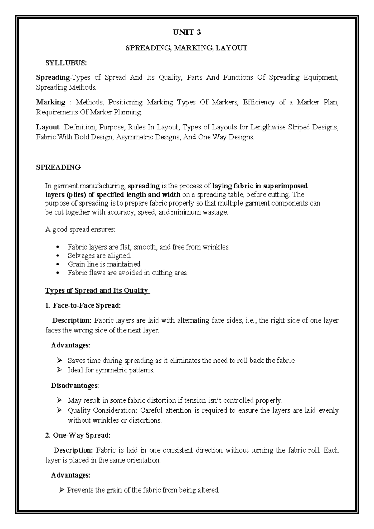 IGP UNIT 3 - Spreading, Marking, and Layout Techniques in Garment ...