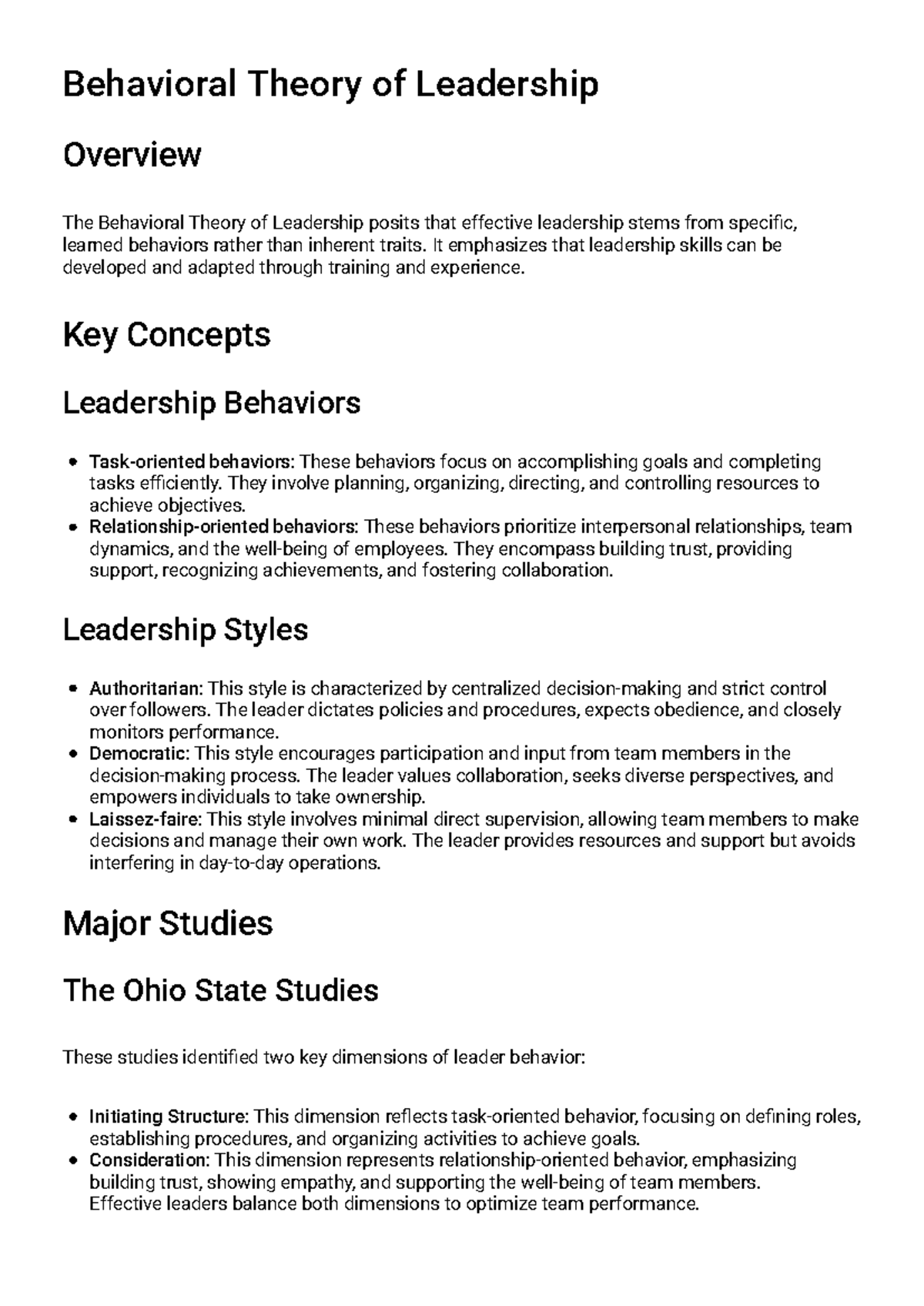 Behavioral Theory of Leadership (Study Guide) Overview - Studocu