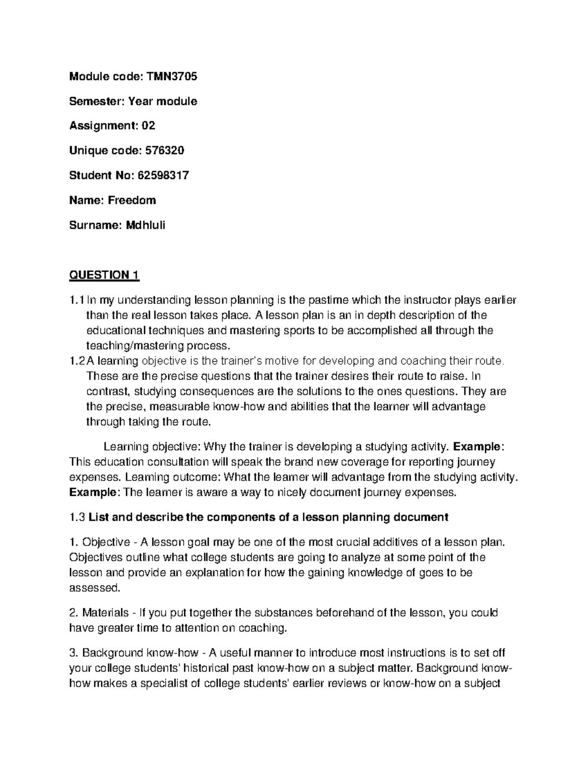 TMN3705 Assignment 2 - Module code: TMN Semester: Year module ...