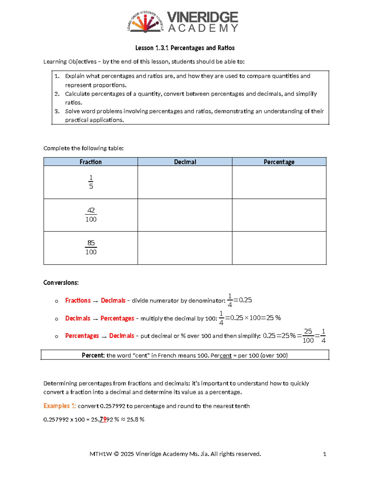 Lesson 1.3.1: Understanding Percentages and Ratios (MTH1W 2025) - Studocu