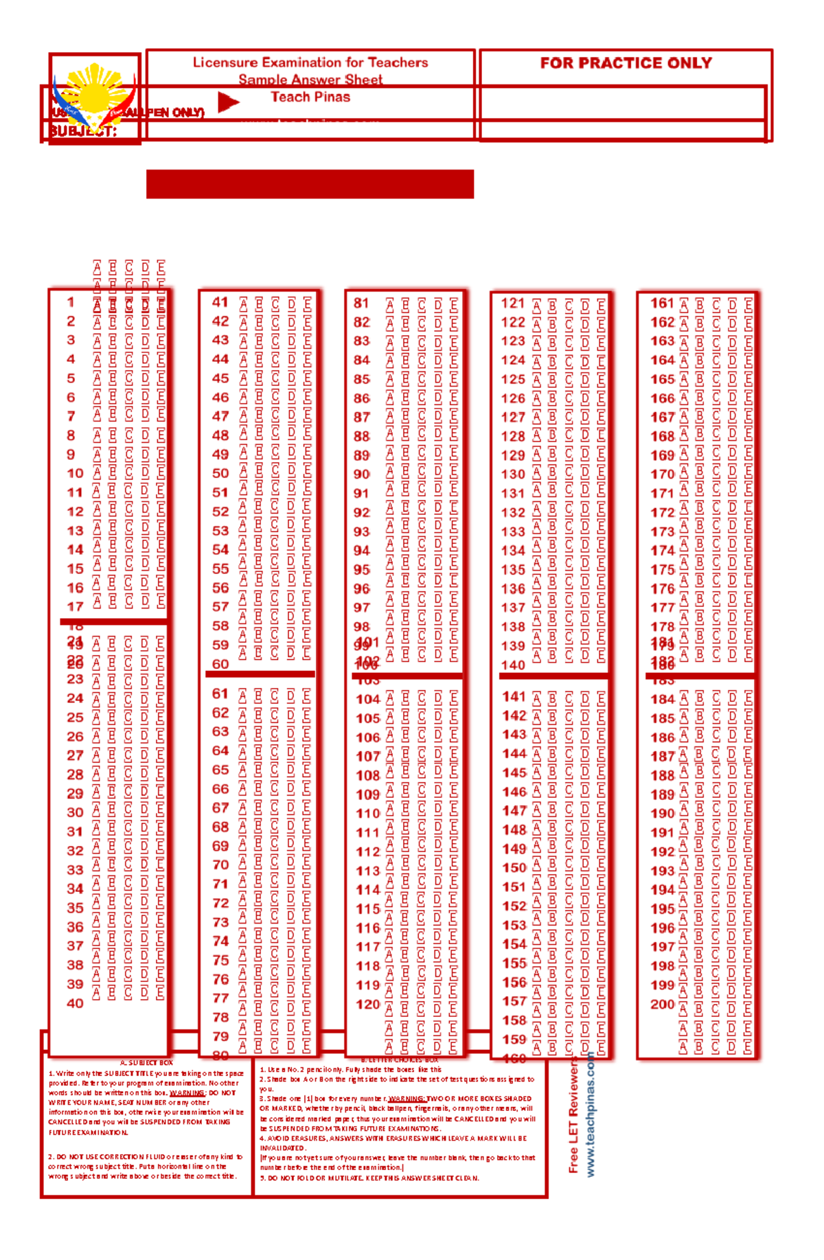 LET Answer Sheet V1.0 www.teachpinas.com - NAME: (USE BLACK BALLPEN ...