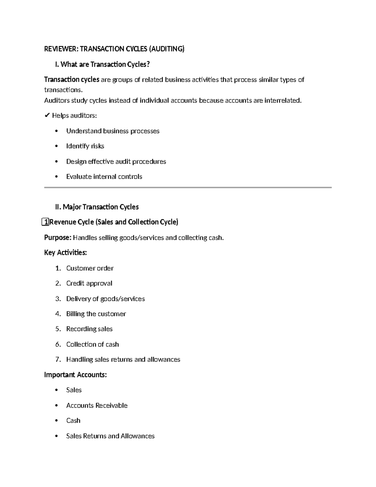 REVIEWER: TRANSACTION CYCLES (AUDITING) Overview and Key Controls - Studocu