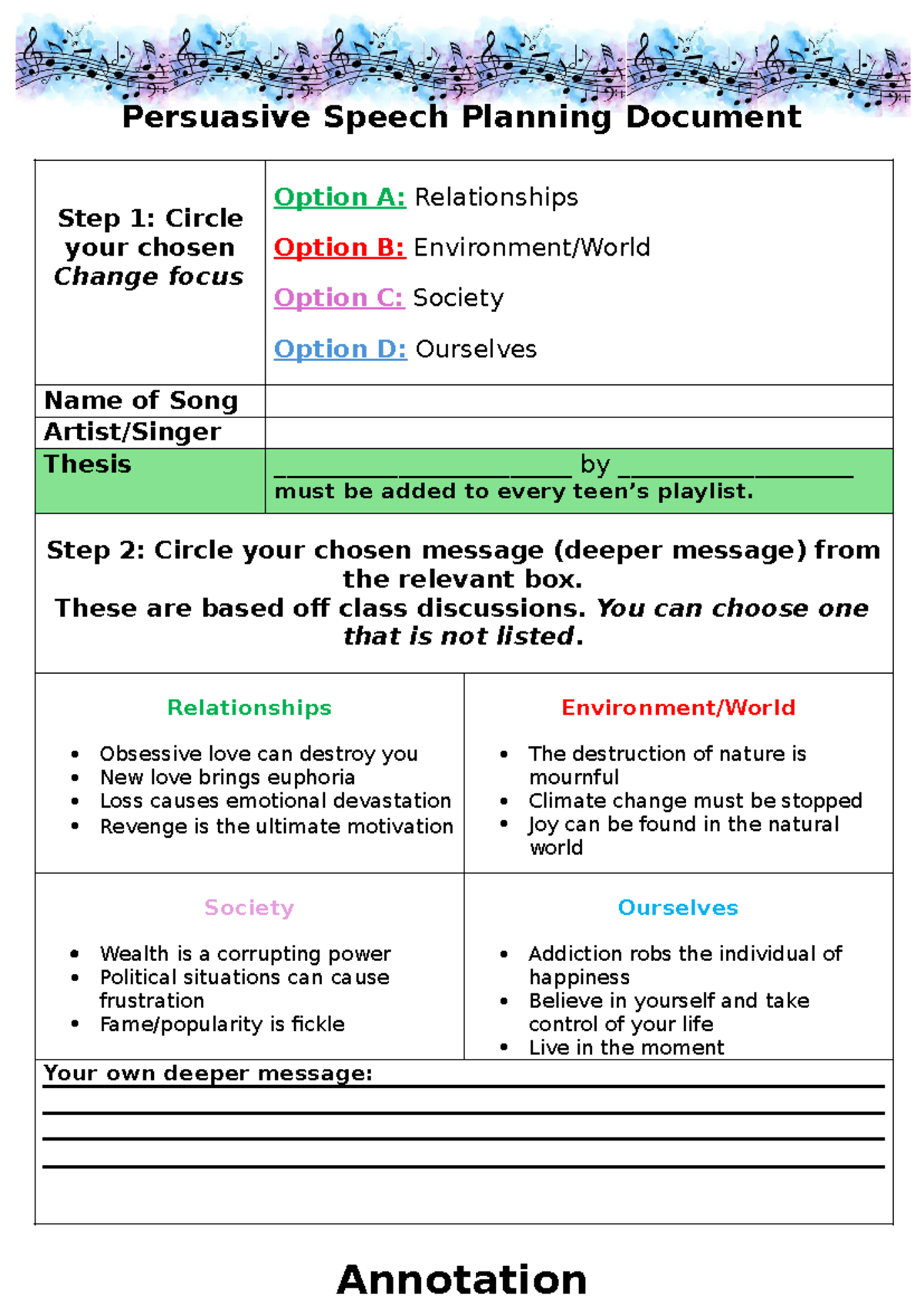 Persuasive Speech Planning Document - Step 2: Circle your chosen ...