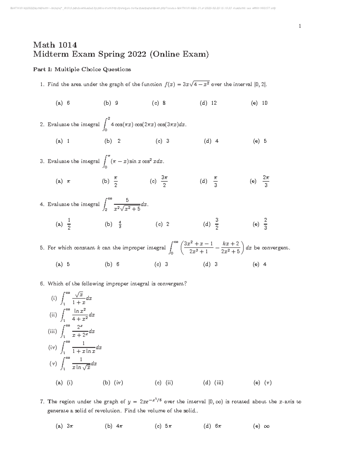 MATH1014 Midterm Exam Spring 2022 - Past Paper Questions - Studocu