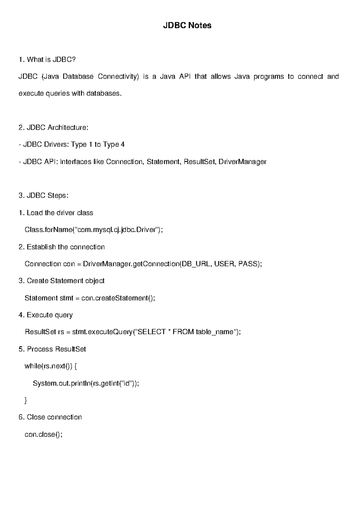 JDBC Notes: Understanding Java Database Connectivity Concepts - Studocu