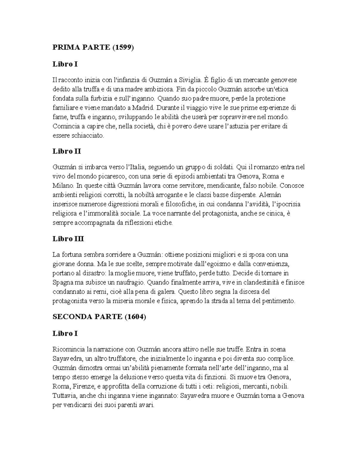 Riassunto di Guzmán de Alfarache: Parte I e II - Studocu