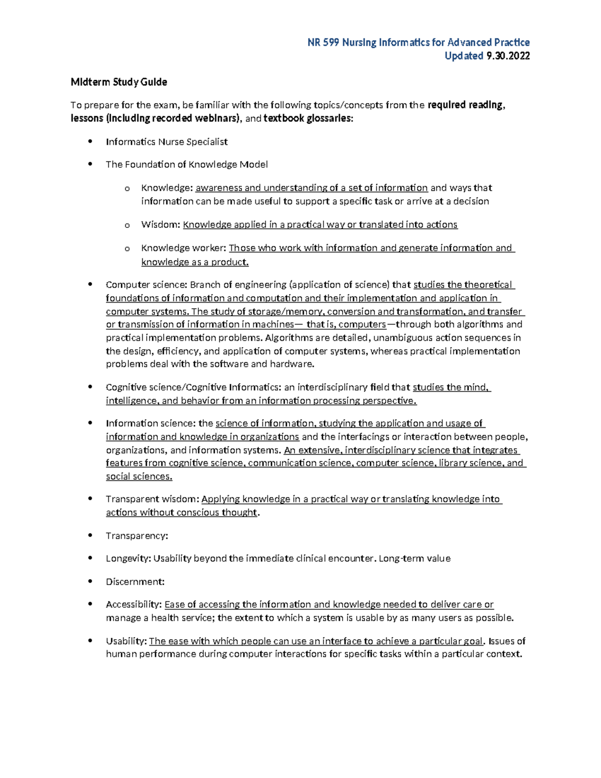 NR 599 Nursing Informatics for Advanced Practice Midterm Review Guide ...