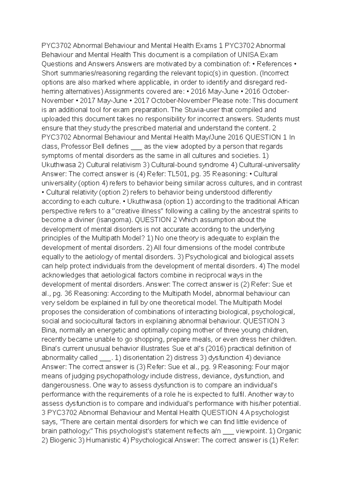 Pyc3702 examination package 2016 - PYC3702 Abnormal Behaviour and ...