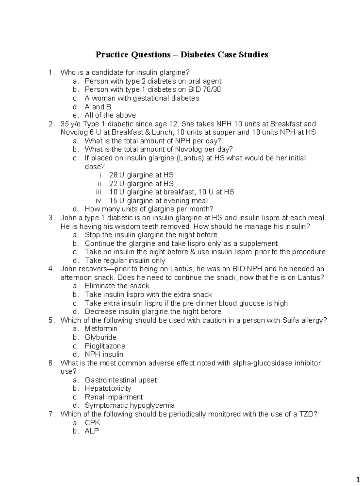 Practice Questions - Diabetes Case Studies (Final Exam) - Studocu