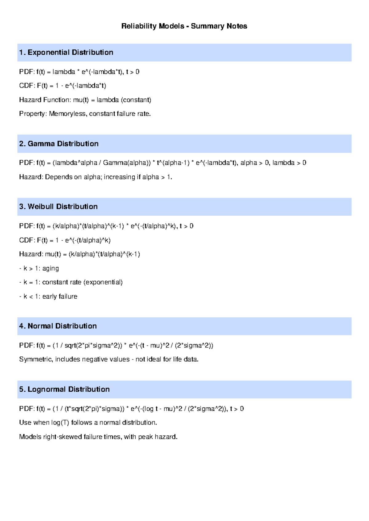 Reliability Distributions Summary Notes for Exam Prep - Studocu