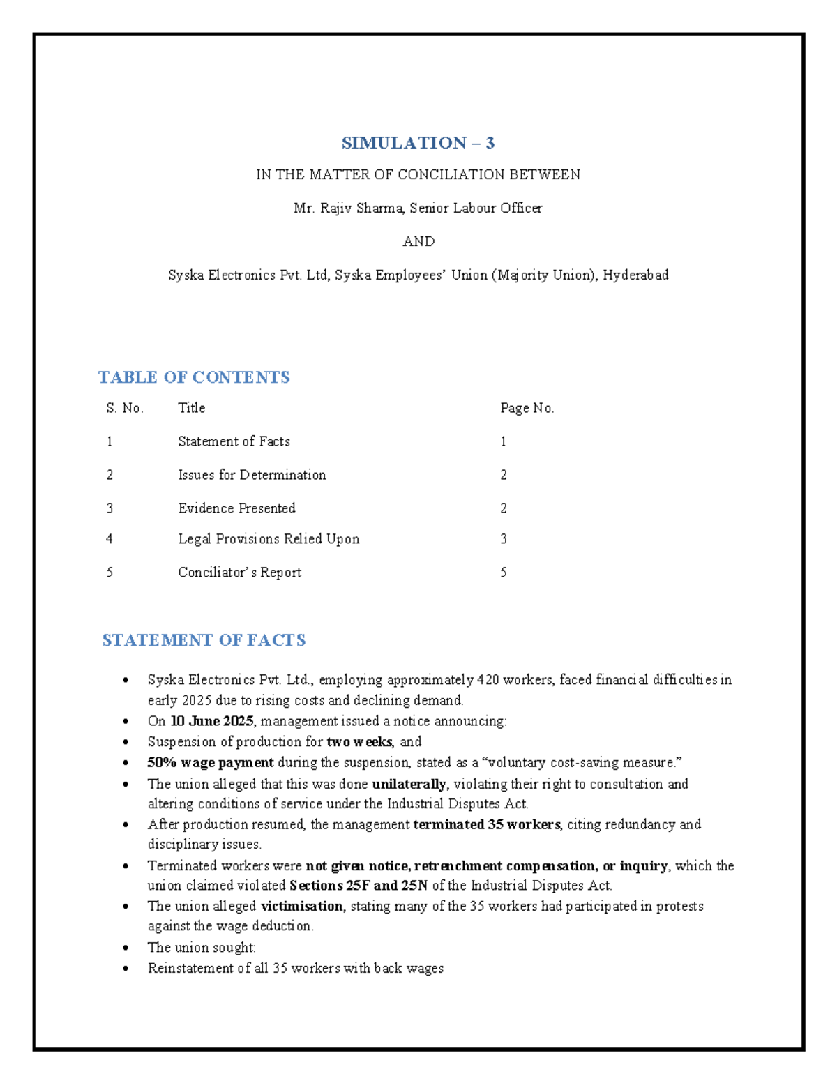 LLB Simulation 3: Conciliation Report on Syska Electronics Dispute ...