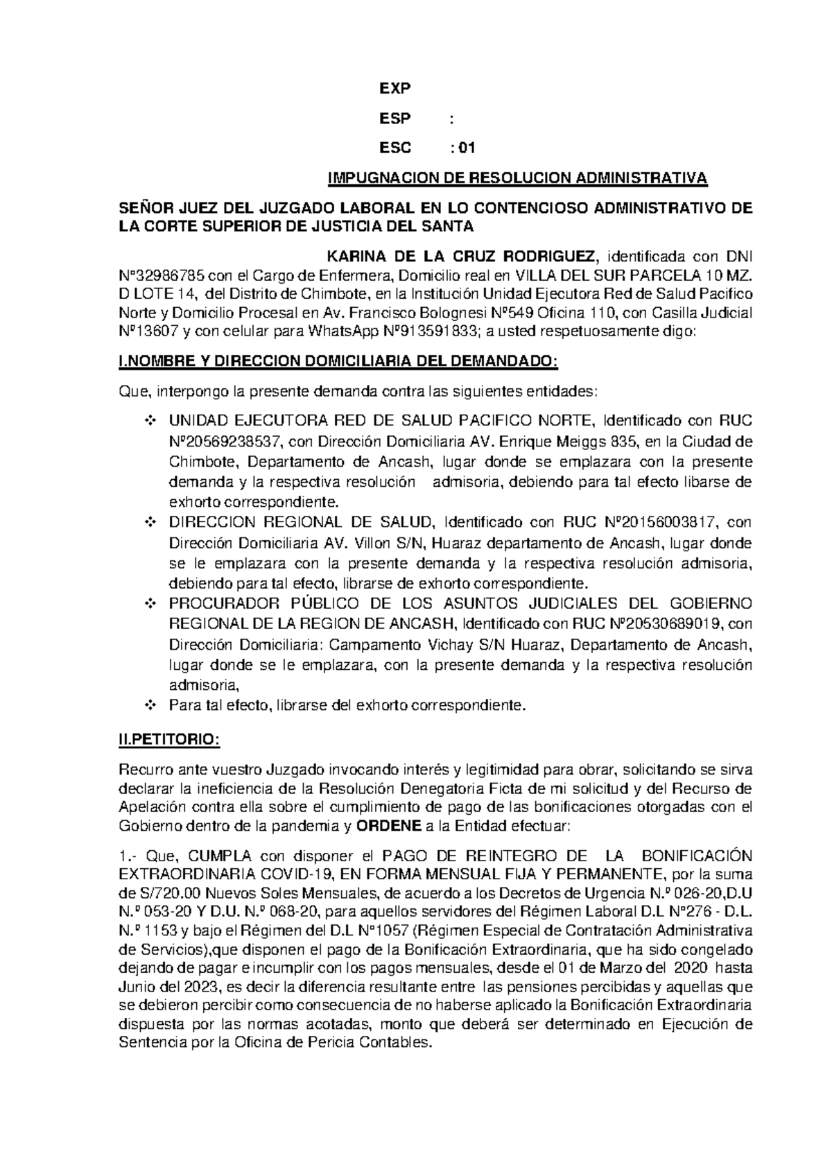 Demanda Administrativa por Reintegro de Bonificaciones - EXP ESP : ESC ...