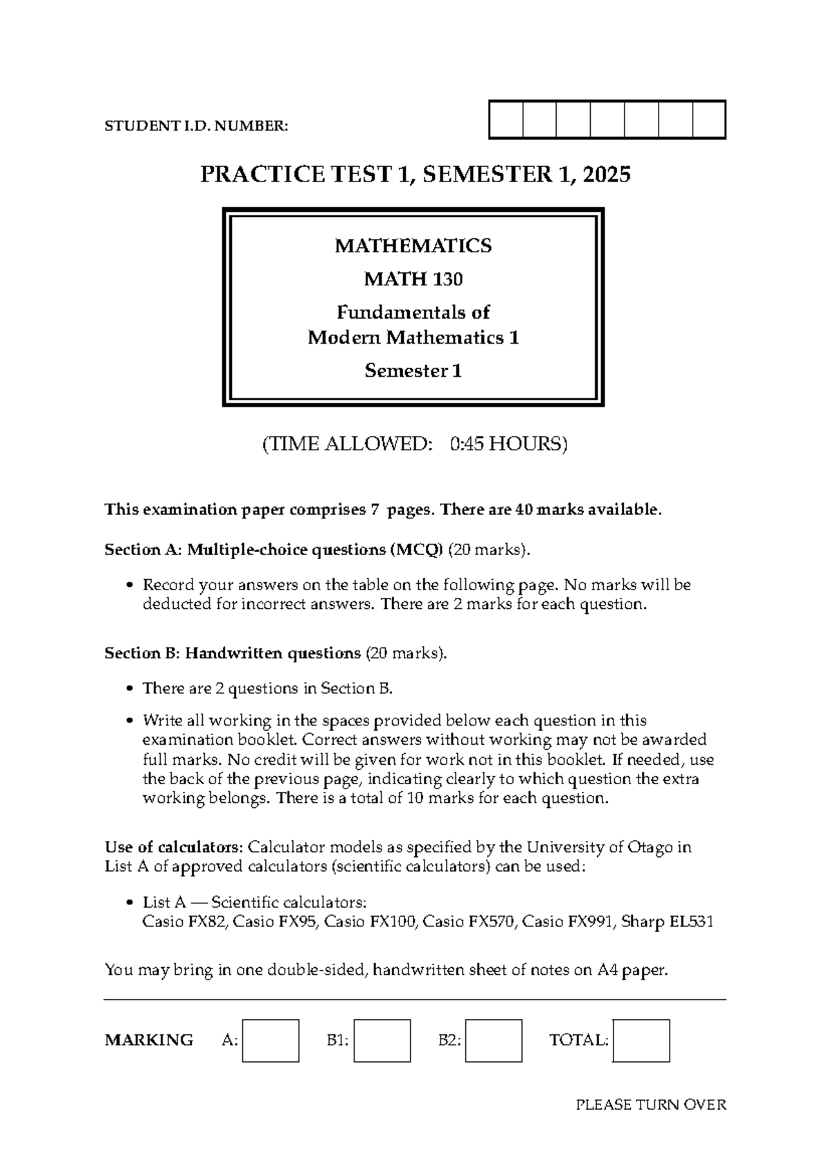 Practice Test 1, 2025 S1 - MATH 130 Fundamentals of Modern Math - Studocu