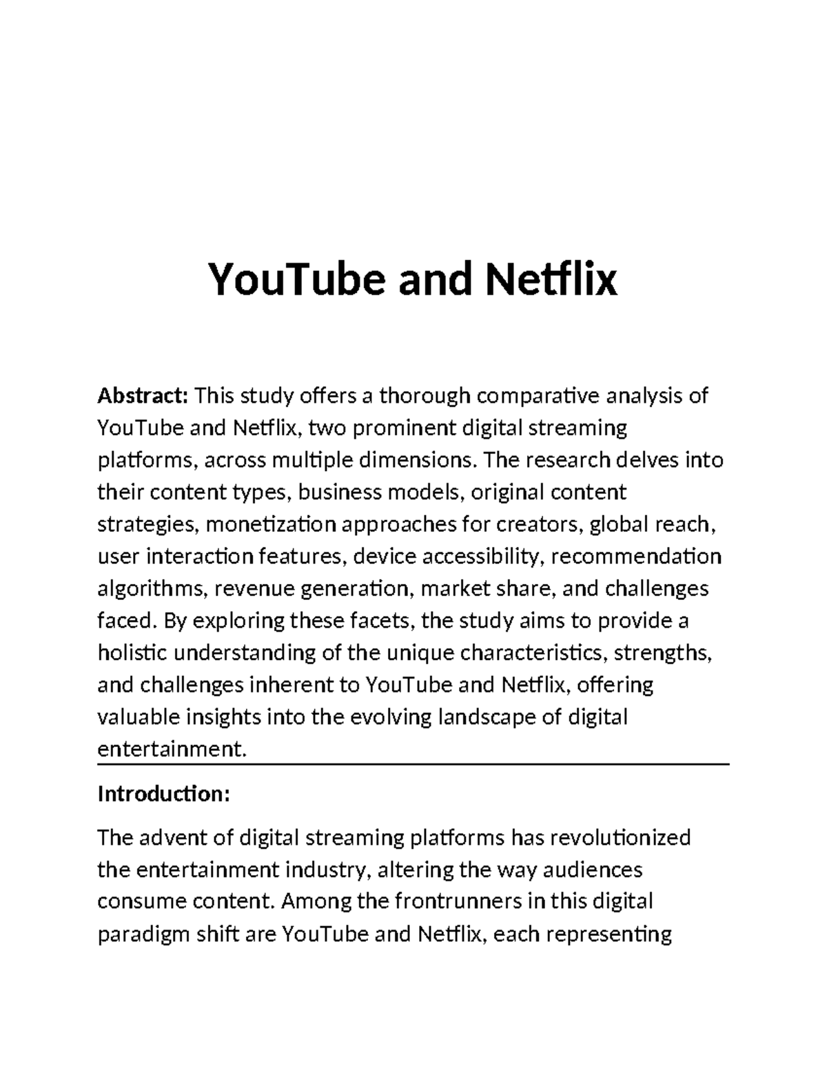 Comparative Analysis of YouTube and Netflix - Assignments 2023 - Studocu
