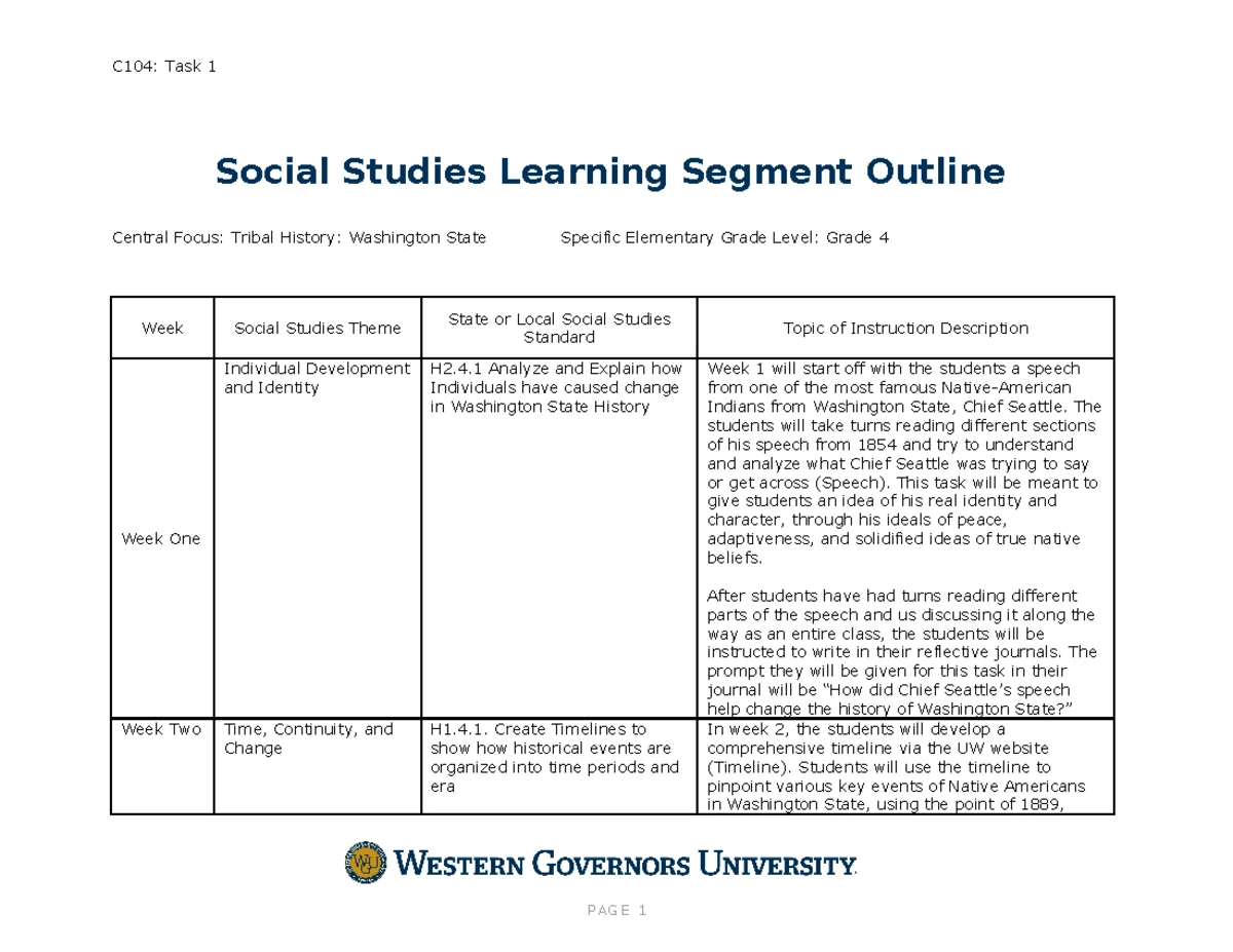 WGU C104 Task 1: Social Studies Learning Segment for Grades K-6 - Studocu