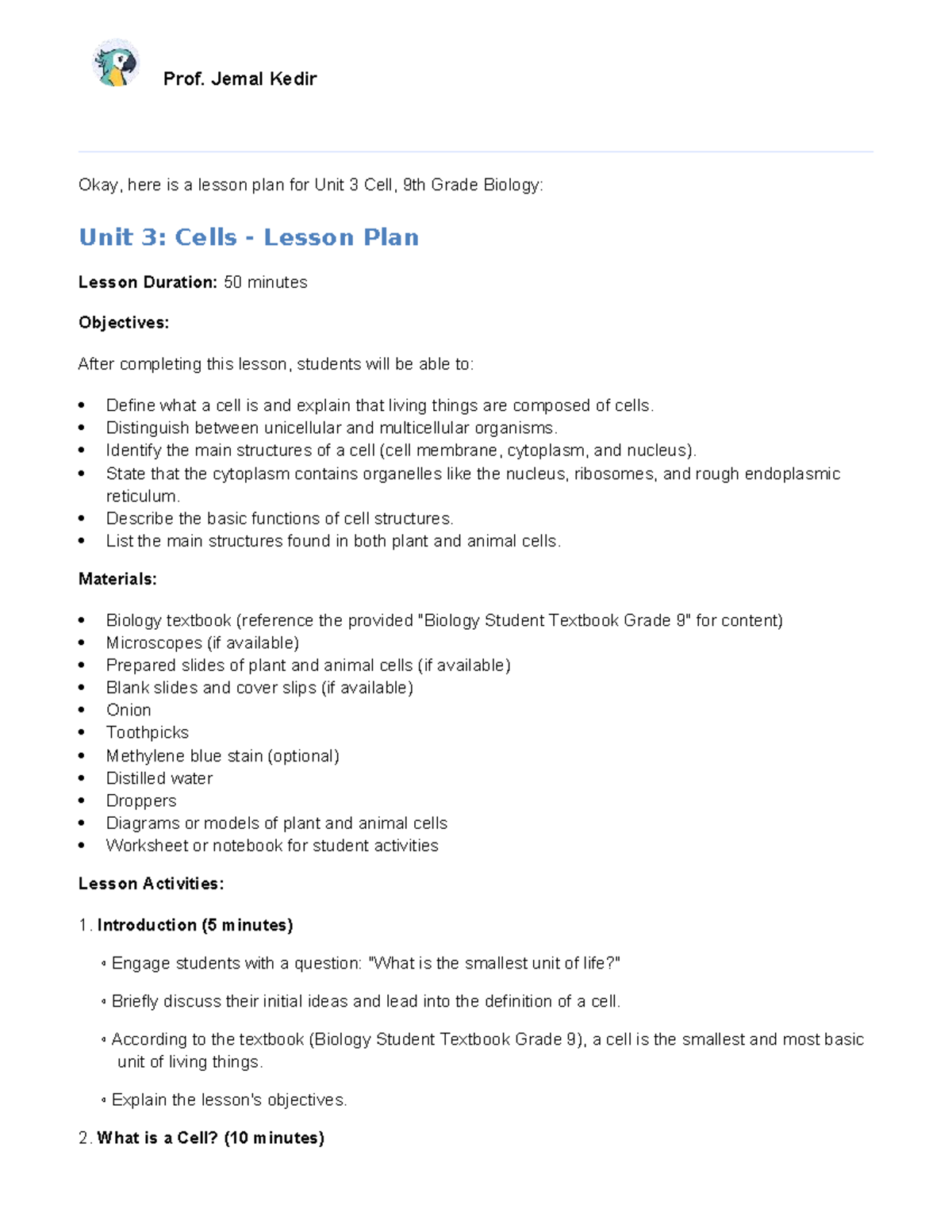 9th Grade Biology: Unit 3 Cells Lesson Plan on Structure & Function ...