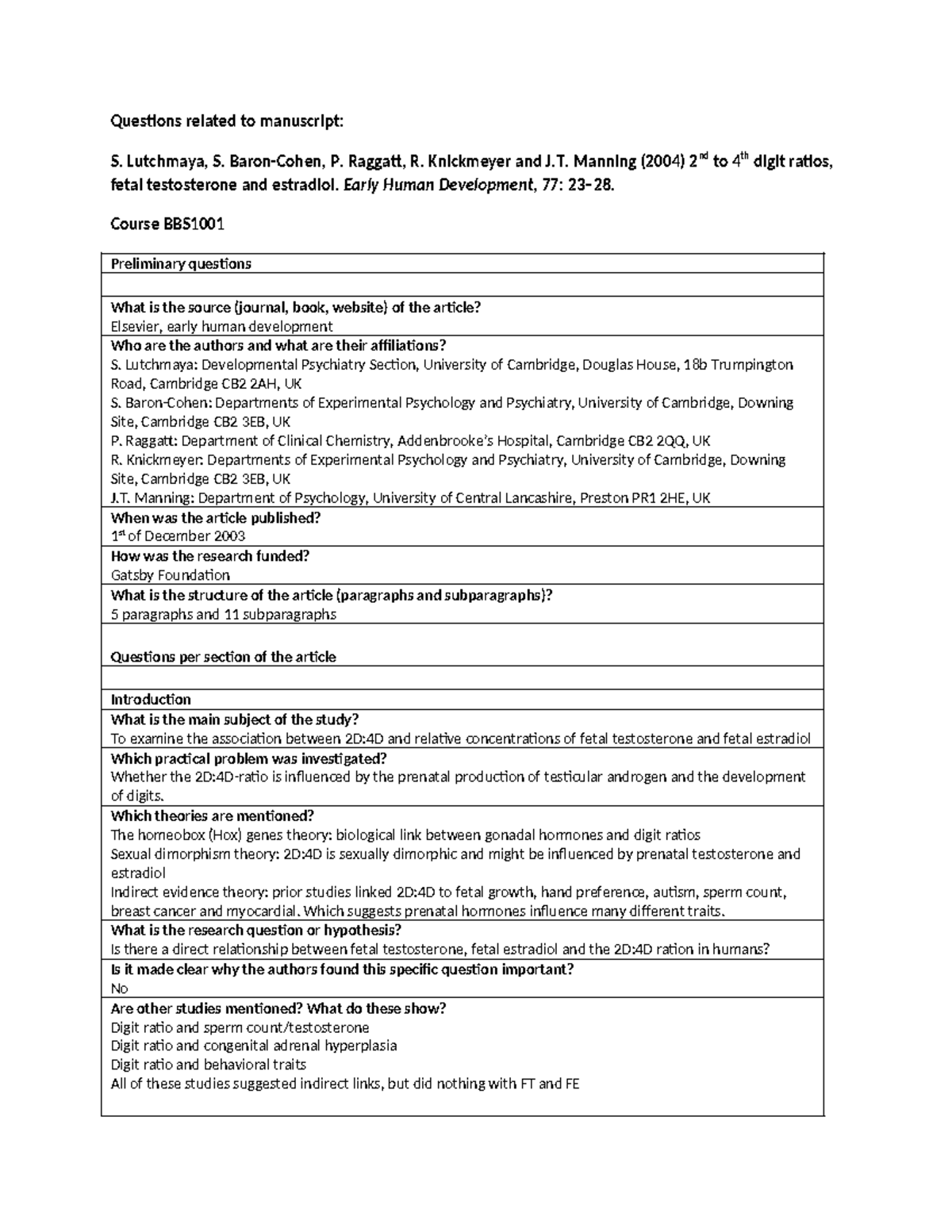 BBS1001 Preliminary Questions on Lutchmaya et al. (2004) Study ...