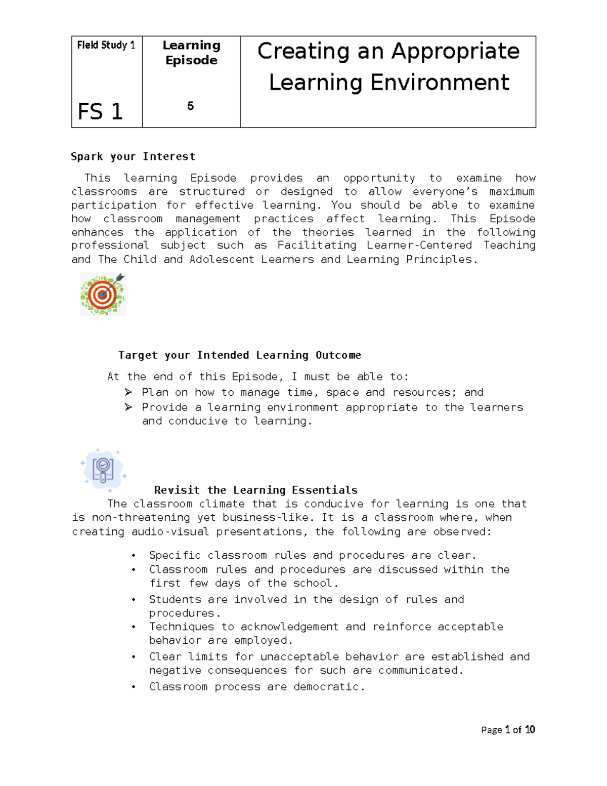 Field Study 1: Learning Episode FS 1.5 - Creating Effective Classrooms ...