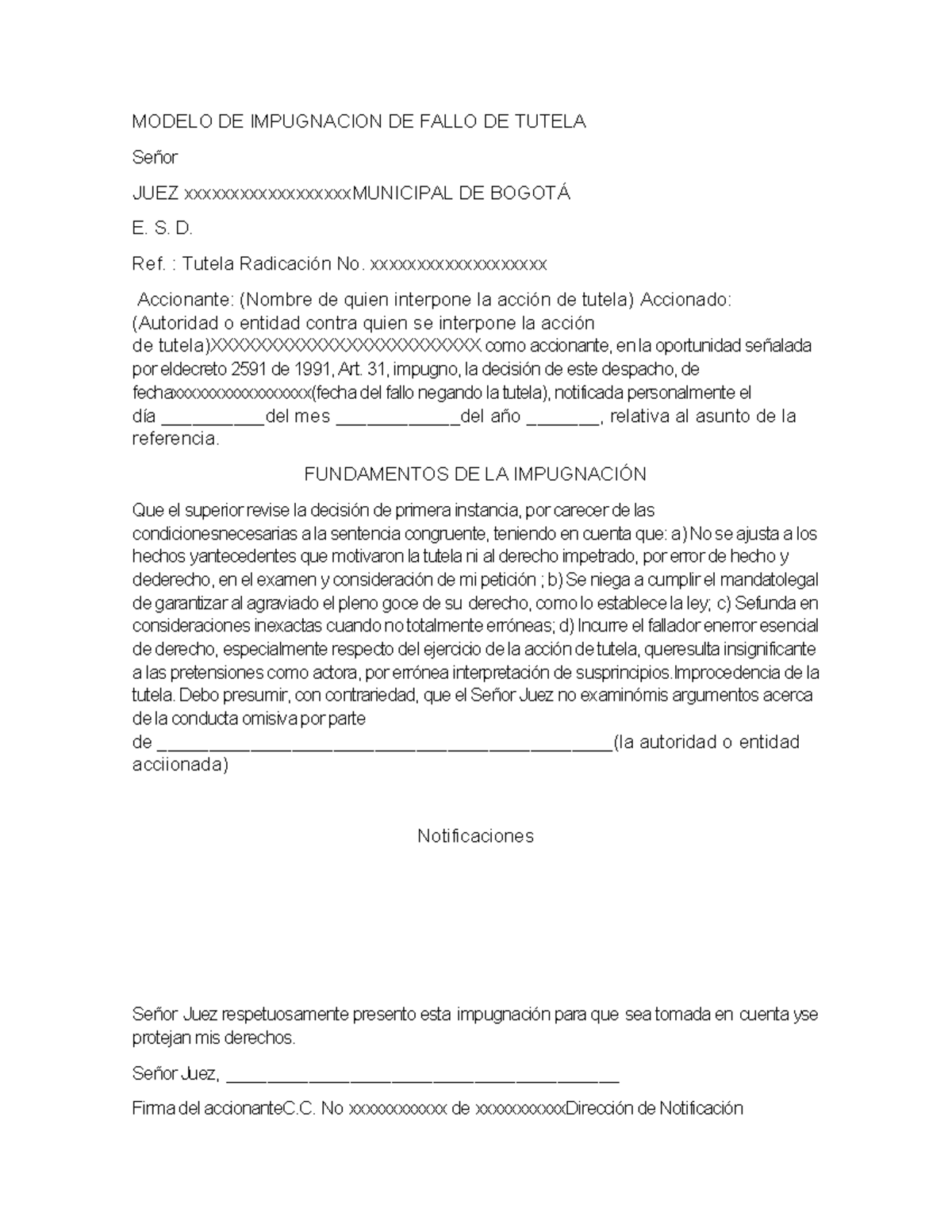 Modelo de Impugnación de Fallo de Tutela - Ejemplo Legal - Studocu